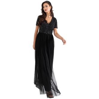 Maya Damen-Maxikleid mit V-Ausschnitt und verziertem V-Ausschnitt, kurzärmelig, Empire-Taille, Abschlussball, Abschlussfeier, Brautjungfer, Hochzeitsgast, 