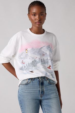 Levi's T Shirt Graphique Manche Longue Vintage - Femme - Blanc / Ski Slope Party Bright White Cotton - XS