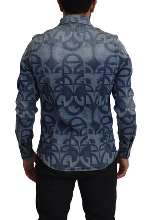 Dolce & Gabbana Blue Denim Stretch Dg Logo Casual Mens Slim Shirt Cotton