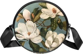 Generic Sac &agrave; bandouli&egrave;re Circle pour femme, petit sac &agrave; bandouli&egrave;re Magnolias avec fermeture &eacute;clair, bretelles r&eacute;glables, sac &agrave; main rond d&eacute;contract&eacute; pour fe
