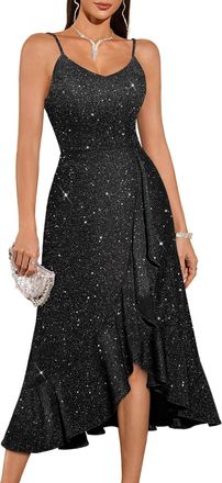 Dresstells Cocktailkleid Damen Glitzer Festlich Hochtief Kleid f&uuml;r Hochzeitsg&auml;ste Abendkleider Kurz Schwarzes Knielang Pailettenkleider Elegantes Black XL
