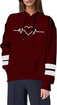 Generic Sweat-shirt Femme Hiver Femmes Casual Mode Sweat &agrave; Capuche avec Imprim&eacute; Coeur de la Saint-Valentin Sweat &agrave; Manches Longues Pull Doux pour Loisirs Noir