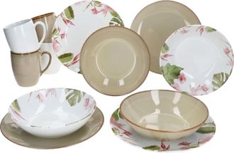 Mäser Ossia 12tlg Frühstücksset Exotic Tearose Sand I Je 4X Teller, Schalen 330ml & Becher 300ml für 4 Personen I tropisches Dekor I Steingut-Geschirr für F
