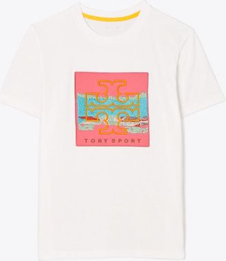 Tory Burch Damen T-Shirt mit grafischem Logoaufn&auml;her