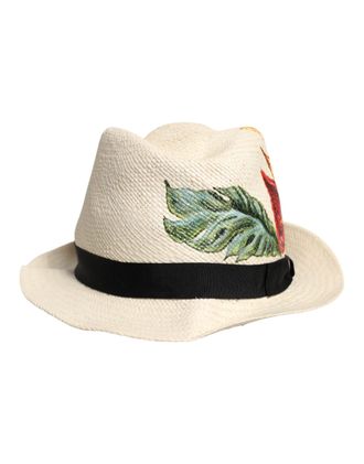 Dolce & Gabbana Mens Beige Floral Print Straw Wide Brim Fedora Hat