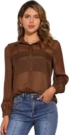 Allegra K Hauts Transparents en Maille pour Chemise boutonn&eacute;e &agrave; Manches Longues et col Pointu pour Femme Marron XL
