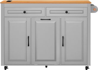 Merax Kücheninsel auf Rollen mit Steckdosenleiste & ausziehbarer Fläche - Mobile Kücheninsel mit Holzarbeitsplatte, Stauraum und Mülleimerfach ohne Mülleime