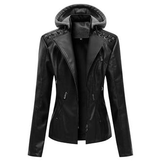 Generic Veste de moto en similicuir pour femme pour motard avec capuche amovible, Noir, XXL