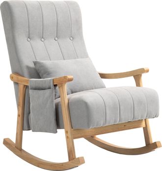 HOMCOM Schaukelstuhl Schaukelsessel mit R&uuml;ckenlehne, Lendenkissen, Holzkufen, Sessel, Relaxsessel mit Leinenoptik Weich Schwingsessel Stillsessel f&uuml;r Wohnzim