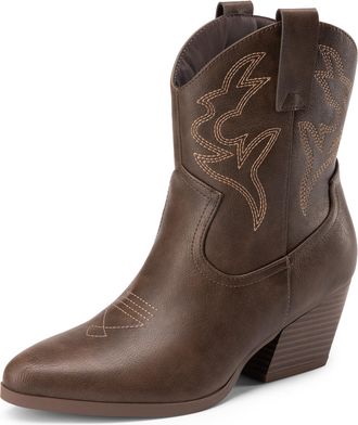 Dream Pairs Damen Cowboy-Cowgirl-Stiefel, bestickt, genäht, kurze Westernstiefel, niedriger Blockabsatz, spitze Zehenpartie, Stiefeletten,Size 41.5,Braun,DWUMAB25