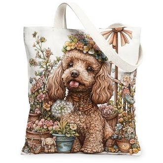 Generic Sac fourre-tout en toile r&eacute;utilisable avec motif caniche printanier, 33 x 38,1 cm, motif chiot de campagne de ferme, sac d&eacute;picerie pour femme, ferme, 