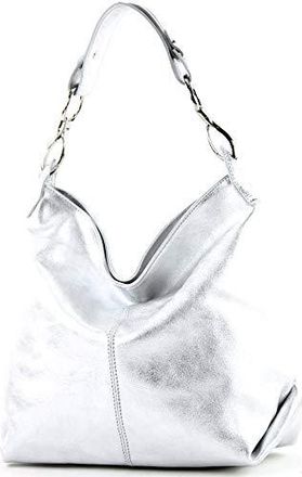 modamoda.de T168 Sac à bandoulière, sac porté épaule, en cuir, fabriqué en Italie, Argent métallisé, M