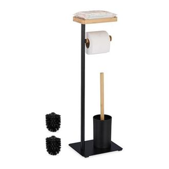 Relaxdays Serviteur WC, Bambou, Fer, Support Non Fixe, Brosse et Porte-Brosse, Noir - Nature