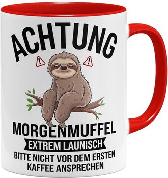 OM3 witzige Kaffee-Tasse mit Spruch - Faultier (Sloth) - ACHTUNG Morgenmuffel extrem launisch - Spruchtasse - Keramik Becher - 325ml - Beidseitig Bedruckt