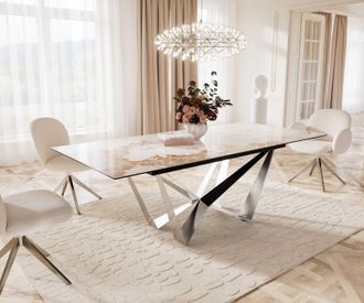 DELIFE Esstisch Edge 180-220x100 Keramik Minas Melange Wei&szlig;-Beige Spider Flachstahl Edelstahl ausziehbar, Esstische