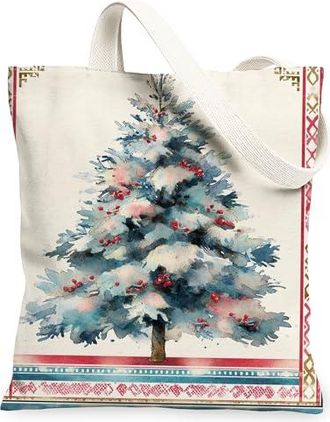 Generic Sac fourre-tout en toile de Noël, motif arbre de vacances, sacs de courses réutilisables, rustiques, festifs, légers et lavables avec bandoulière, Bla