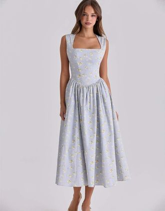 House of CB Emmy - Robe d&eacute;t&eacute; mi-longue en coton &agrave; imprim&eacute; fleurs sauvages - Bleu