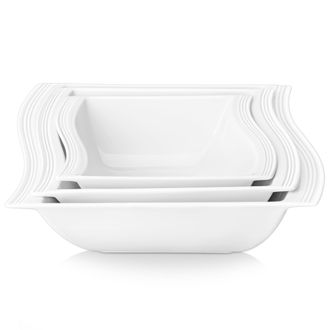 Malacasa Serie FLORA, 3-TLG. Schüssel-Set aus Porzellan in Cremeweiß, 890 ml/1400 ml/2100 ml, Suppenschüssel, Salatschüssel, Müslischüssel, Eckige Servierschal