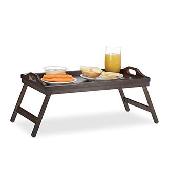 Relaxdays 2X Tablettes de Lit Bambou Pliant Poign&eacute;es Rebords Plateau de Service & Petit D&eacute;jeuner, 22x61,5x30cm, Marron Fonc&eacute;