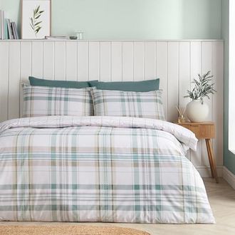 Catherine Lansfield Cartmel Wende-Bettw&auml;sche-Set f&uuml;r Doppelbett mit Kissenbez&uuml;gen, kariert, weiches Gr&uuml;n