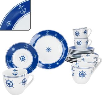 MamboCat AHOI 18tlg Kaffeeservice I blau-weißes Porzellan-Geschirr mit nautischen Motiven Anker & Co für 6 Personen I Je 6X Tassen 200ml, Untertassen & Teller 