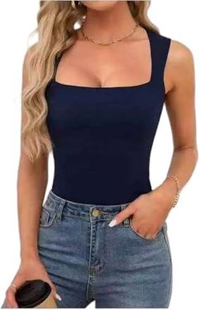 Generic Cleargget Clergment D&eacute;bardeur Femme Col Carr&eacute; Sans Manches Double Couche D&eacute;bardeurs Basiques Collant, bleu marine, XL