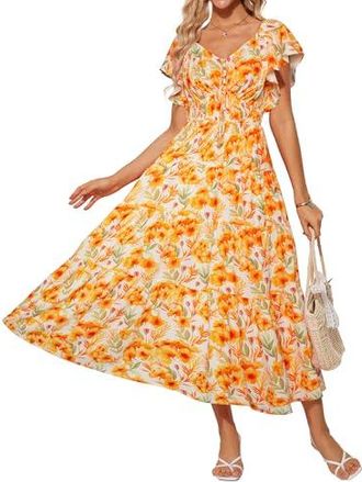 Grace Karin Robe dété élégante à motif floral pour femme, robe longue à manches volantées et col en V, Orange fleur, XXL