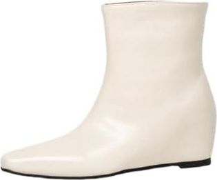 Generic Femmes Talon Compensé Bottines Chelsea À Enfiler Bottes Courtes Bout Pointu Cuir PU Bottes De Cheville,Beige,38.5 EU