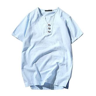 Generic Chemises en lin blanc &agrave; boutons pour hommes - Chemises courtes en lin pour homme - Hauts boutonn&eacute;s - Coupe ajust&eacute;e - Polo en coton blanc - T-shirt &agrave; m