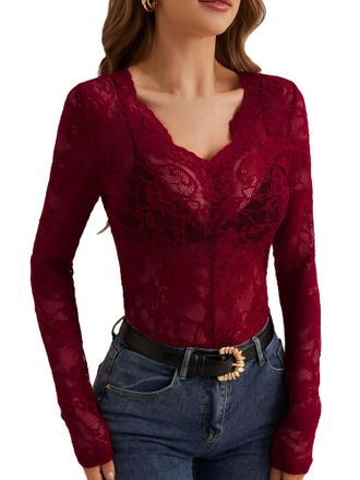 Feoya Damen Spitze Top Sexy Durchsichtig Oberteil Elegant Mesh Langarmshirt mit V-Ausschnitt Transparent Blumen Lace Bluse Rot XL