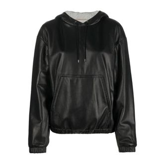 Saint Laurent Leder Kapuzenoberteil mit K&auml;ngurutasche - - Jackets - Damen - Schwarzk - 3XL