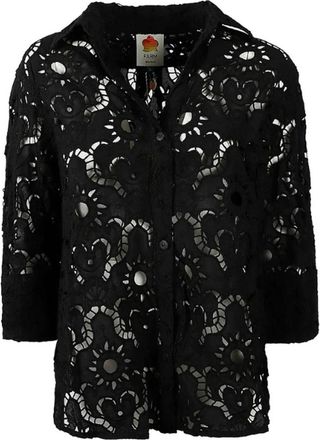 Farm Rio Farm Rio, Femme, Blouses et Chemises, Noir, Taille: 38 FR Chemise Boutonn&eacute;e Brod&eacute;e &agrave; OEillets D&eacute;licats
