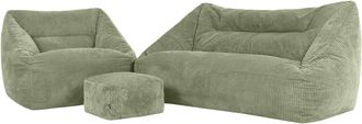 Icon Brand Cecilia Sitzsack Sofa, Sitzsack Sessel mit Runder Hocker, Salbeigr&uuml;n, Flauschiger Cord Stoff, 2 Sitzer Sofa Set f&uuml;r Erwachsene, Riesensitzsack mit F&uuml;l