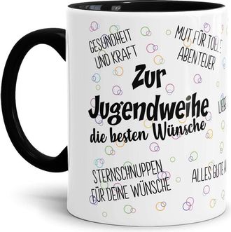 Tassendruck Geschenk-Tasse zur Jugendweihe Die besten Wünsche - Erwachsen/Kind/Feier/Innen & Henkel Schwarz