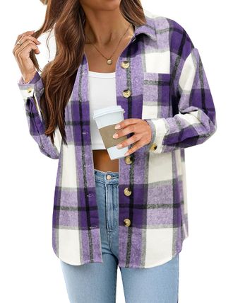 Zeagoo Damen Flanell Hemdjacke Karierte Hemdbluse Blusenjacke mit Taschen Knopfleiste Shacket Karo Oberteile Langarm &Uuml;bergangsjacke Westernhemd Herbst Winter