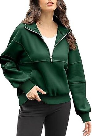 Generic Pull en polaire pour femme - Haut décontracté - Demi-fermeture éclair - Sweat à capuche surdimensionné à manches longues - Pull décontracté avec poche