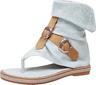 Rismart Femme Cheville Haute Denim Gladiateur Sandale Bouton dorteil Talon bas Chaussures dété Beige,39