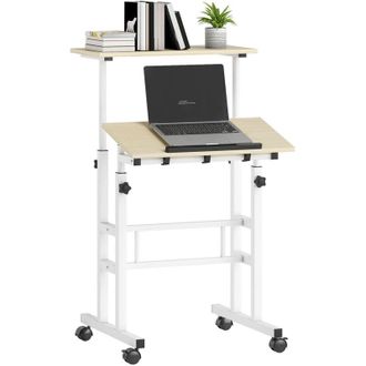 HOMCOM Bureau assis debout bureau r&eacute;glable en hauteur 60 x 60 cm &agrave; roulettes avec plateau inclinable cadre en m&eacute;tal naturel-Bois naturel