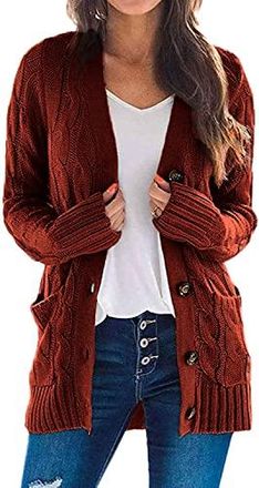 TOMWELL Gilet Femme Cardigan Long Tricot Veste Ouvert &Eacute;pais Manches Longues Pull Gilet Chaud Capuche Manteau Sweater Hiver Chandail Outwear B Rouge42