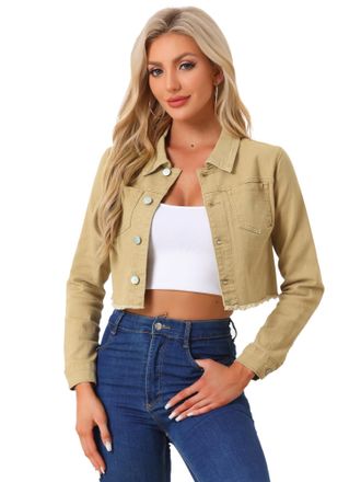 Allegra K Damen Langarm Denim Jacken Button Up Washed Umlegekragen Cropped Jeansjacke Khaki XL