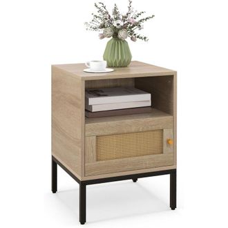 Costway Costway - Table de chevet boh&egrave;me en MDF et m&eacute;tal - Dimensions 40 x 40 x 57 cm - Compartiment ouvert et armoire avec porte rotin - Pieds en bois massif