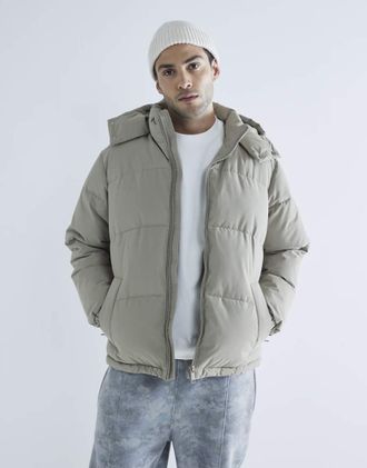 River Island Premium-Daunenjacke in Stein mit Kapuze-Neutral