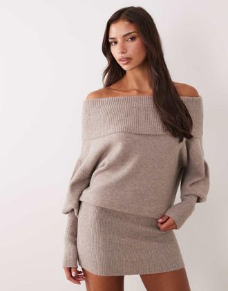 Aria Cove Mini-Pulloverkleid mit Umschlag, Bardot-Ausschnitt und Ballon&auml;rmeln in Hafer-Neutral
