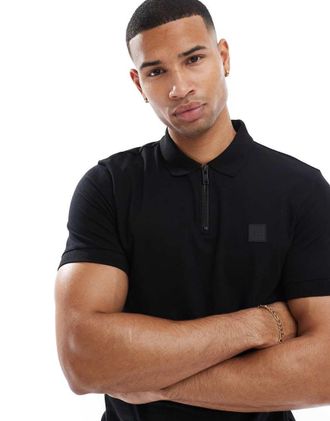 Boss Orange by Hugo Boss Passerzip - Polo slim &agrave; logo ton sur ton - Noir