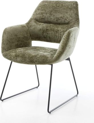 DELIFE Esszimmerstuhl Yago-Flex mit Armlehnen Chenille Olive Kufengestell Schwarz Taschenfederkern, Esszimmerstühle