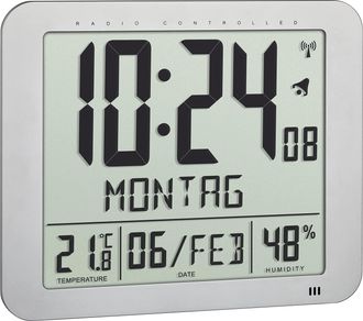 TFA Dostmann Funkuhr digital, 60.4516.54, mit Raumklima, ausgeschriebener Wochentag (10 Sprachen), 2 Weckfunktionen, als Tischuhr oder zum Aufhängen, Silber, (L) 2