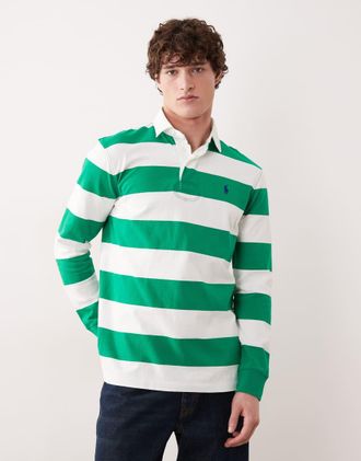 Polo Ralph Lauren Polo manches longues &agrave; rayures style rugby et logo - Vert et blanc