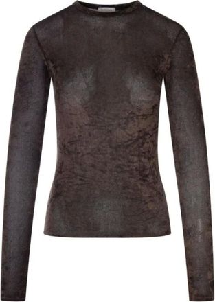 Forte_Forte Haut &agrave; col rond en tulle stretch floqu&eacute; - Femme - Pulls - Brun - Taille: 36 FR
