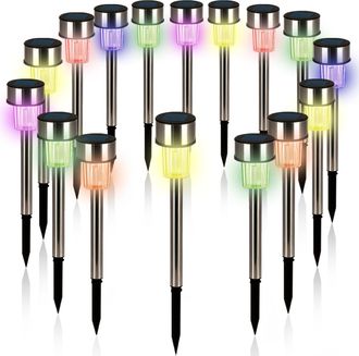Deuba Solarlampe f&uuml;r Au&szlig;en 16er Set LED Wetterfest IP44 D&auml;mmerungssensor Erdspie&szlig; Farbwechsel Bunt Edelstahl Solar Garten Leuchte Balkon Deko