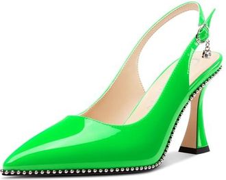 Castamere Femmes Slingback Kitten Talon Heel Ferm&eacute; Pointu Bout Escarpins Bloc Chunky Mariage Party Dress Chaussures 9 CM Heels Vert Vif 36 EU